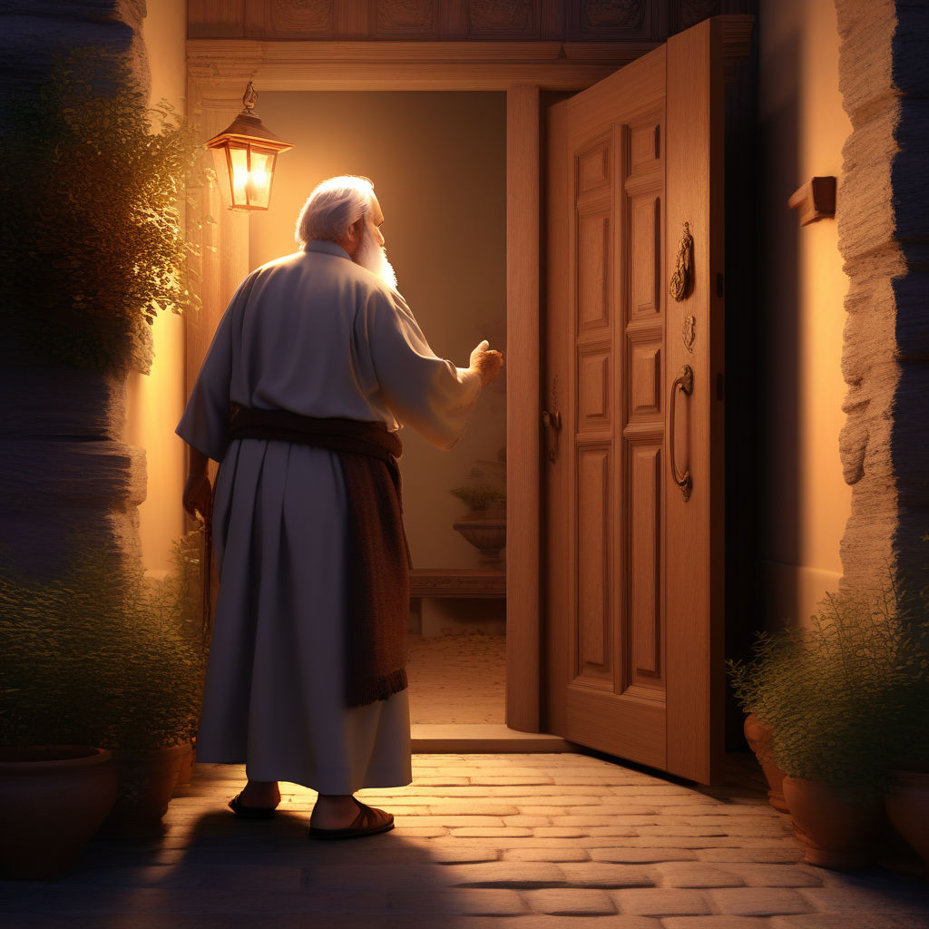 Biblical era satisfied old man wearing brown colors opening ... by ...