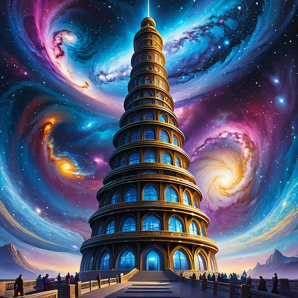 Cosmic Confluence tower Capture the grand meeting of multi... by AI ...