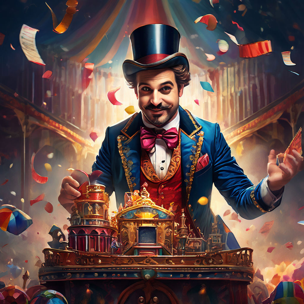 A circus director with an open music box from which a bouncy... by ...