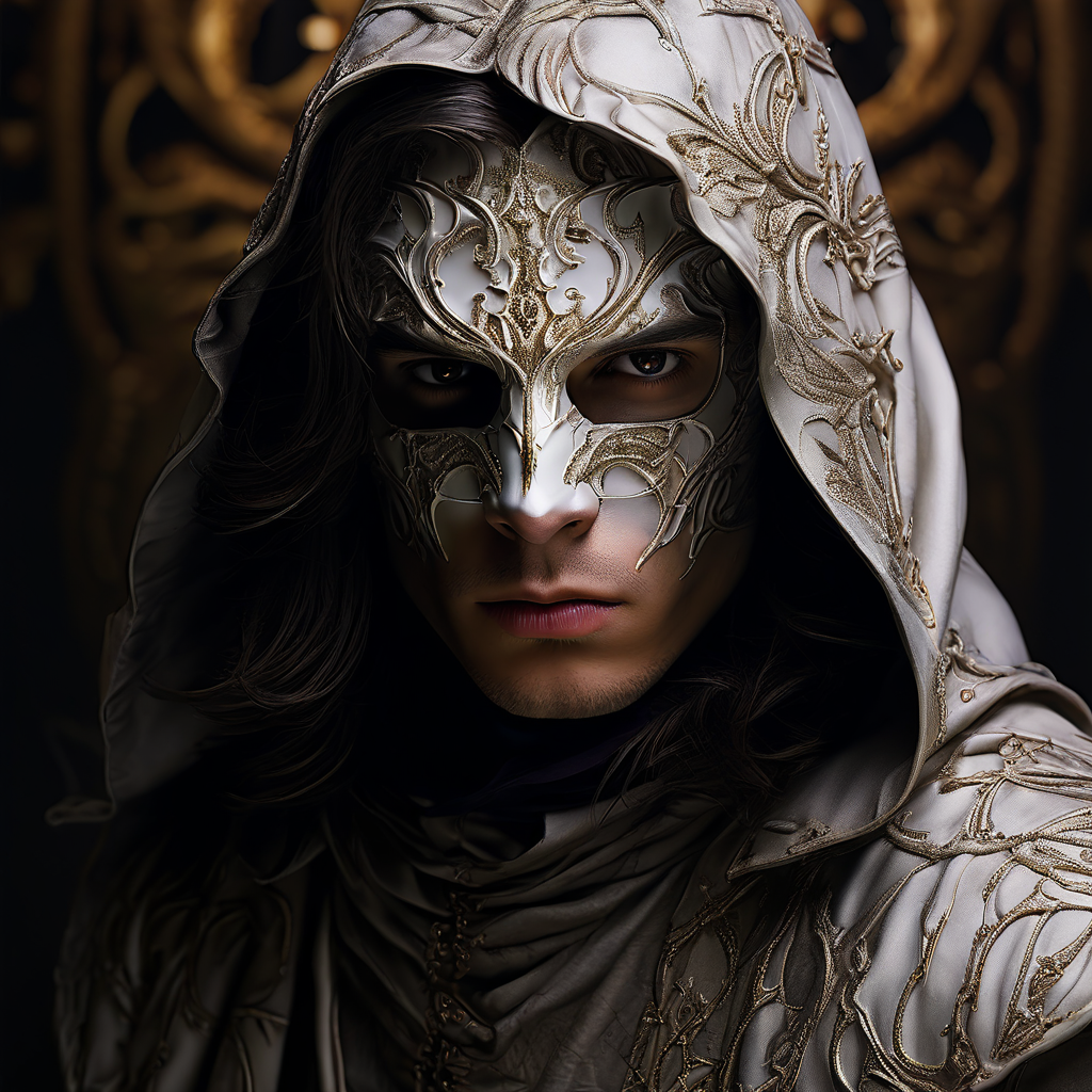 Handsome young man wearing a white porcelain mask covering t... by ...