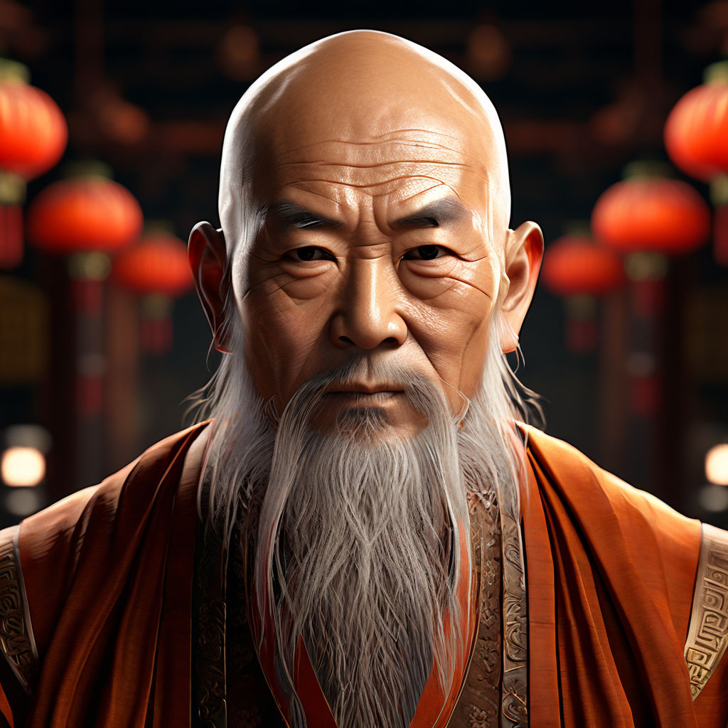 An old wise Chinese monk looks straight at the camera. his f... by ...