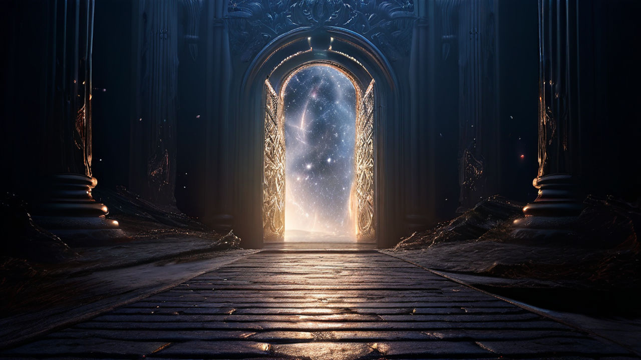 "A pathway made of stardust leading to a colossal door of li... by ...