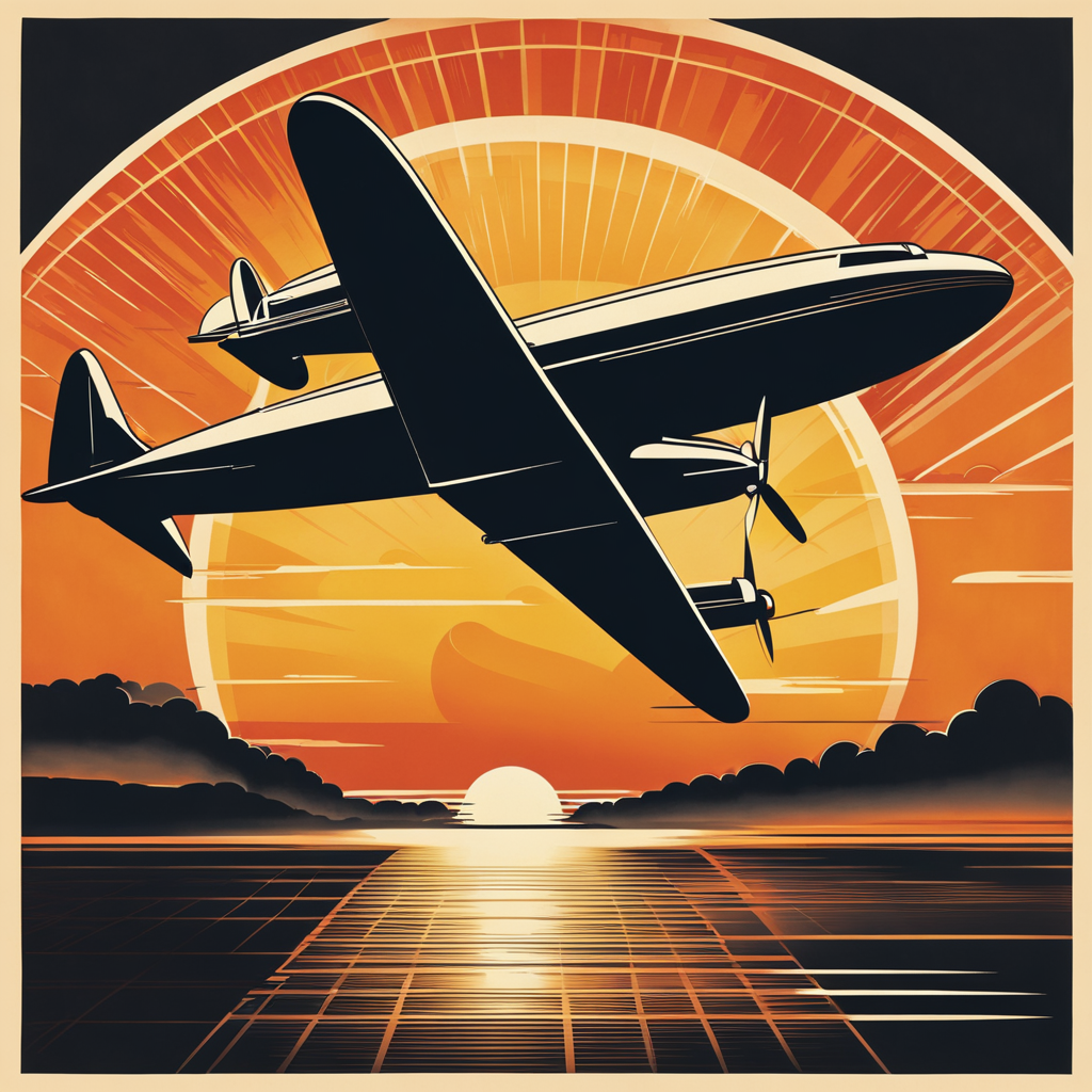 A 1930s streamline modern illustration of an airplane flying... by ...