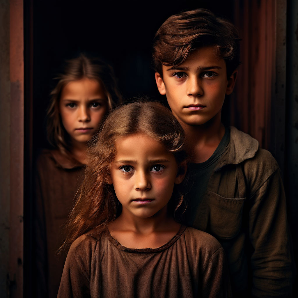 Create an image that shows a brave brother standing protecti... by ...