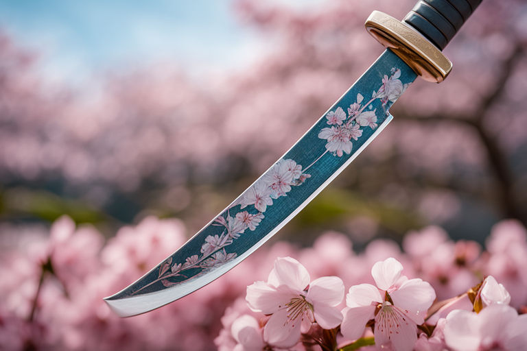 The blade of a silver long katana in a floral pattern is hor... by ...