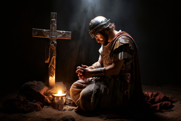 Roman soldier praying beneath the cross of Christ by sayrus II - Playground