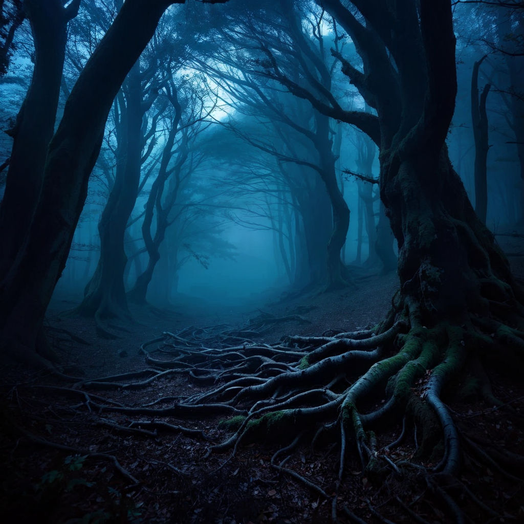 A haunting image of a shadow-loomed forest at nighttime by Rara ball ...