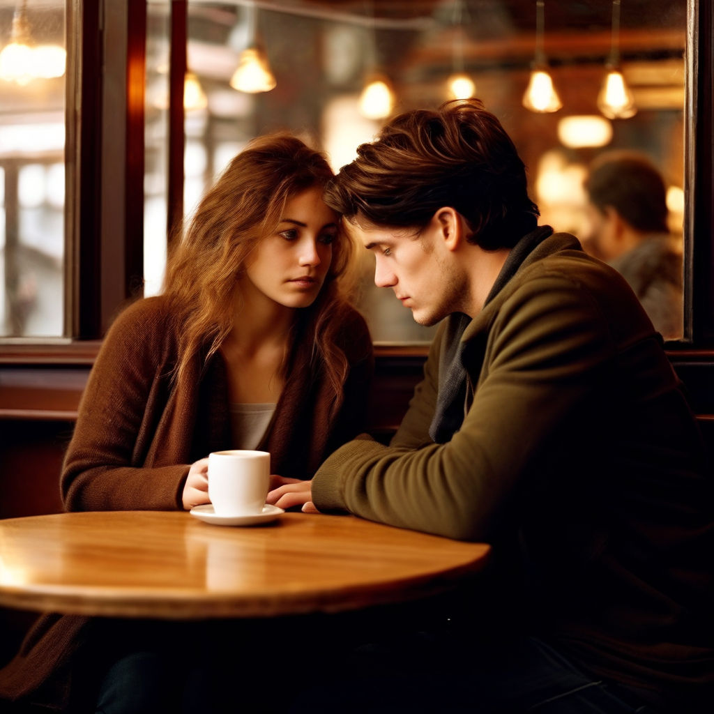 "Create an image of a young couple in their mid-20s sitting ... by ...