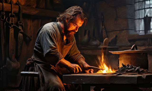 A blacksmith working iron swords. Style as XIV century panti... by ...