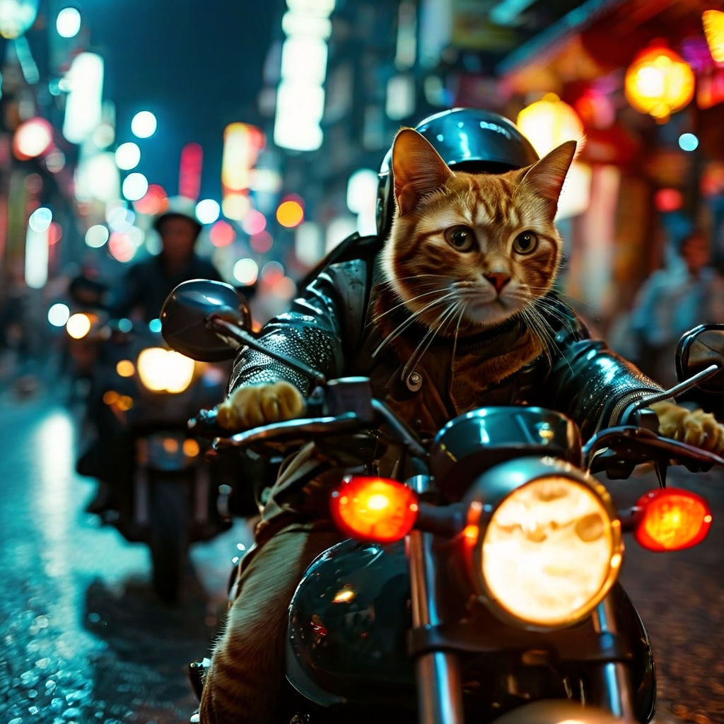 Pale ginger cat riding a Honda scooter bike through a busy H... by ...