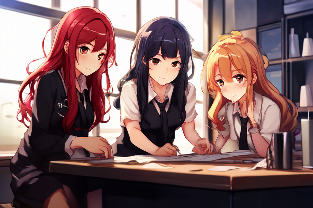 Anime colleagues at work five girls (red hair by Олька Громова - Playground