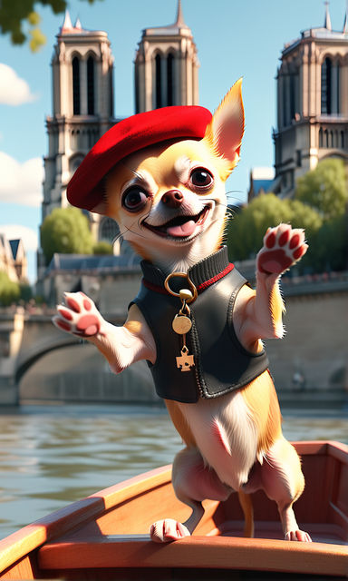 A Chihuahua in a little red beret takes a boat ride on the S... by M A ...
