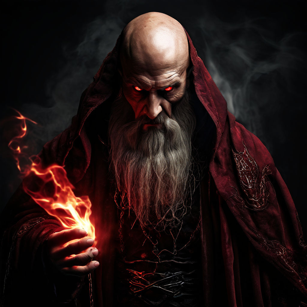 Dark evil looking bald Red wizard with a hatred presence by cameron b ...