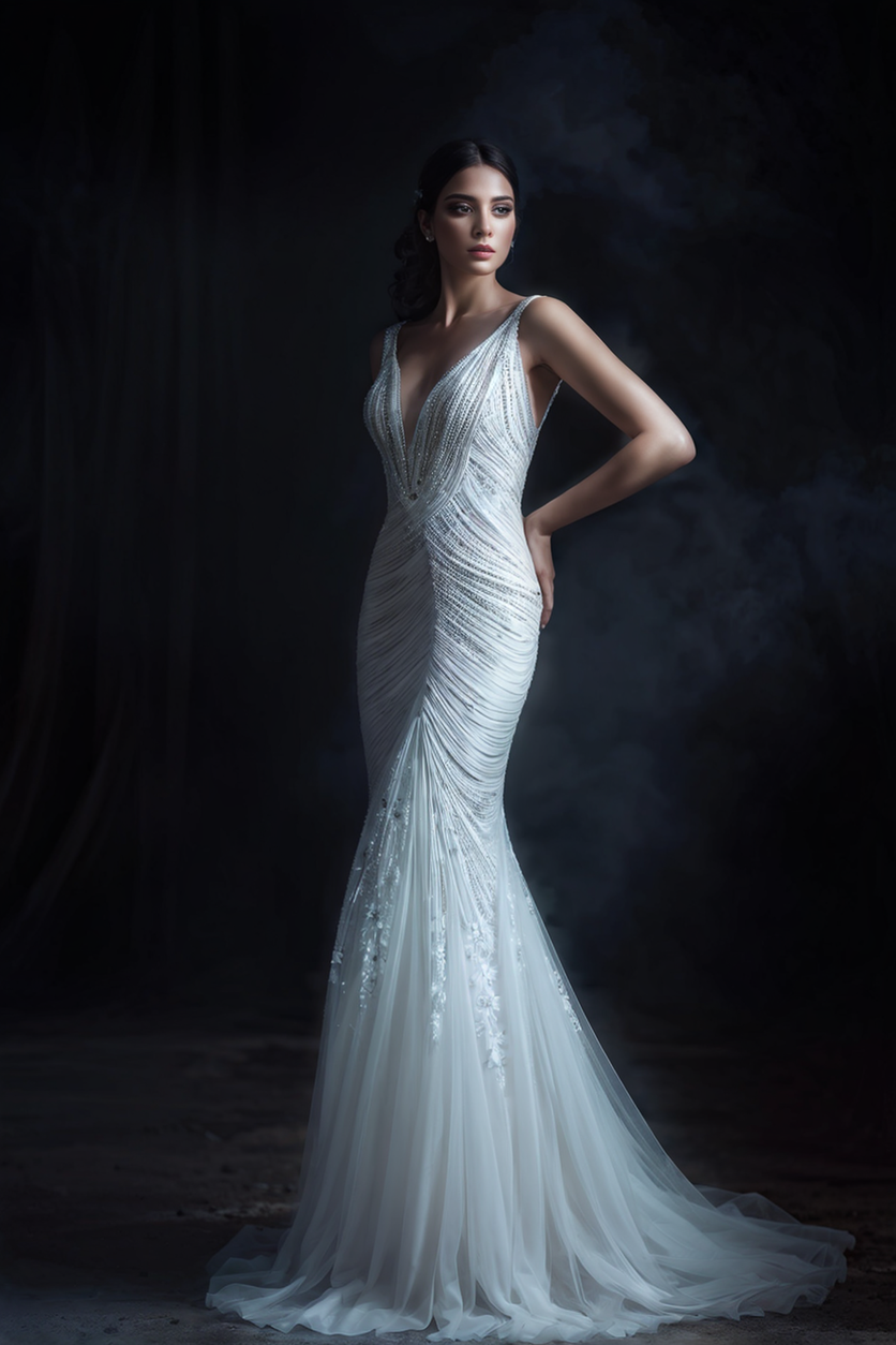 Woman clad in glowing white Berta wedding dress by Brandy Versoulen ...
