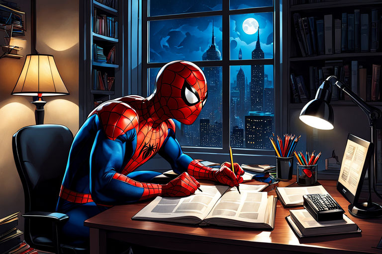 Spiderman studying in his room. midnight by Musab Bilge Kaan Gül - Playground