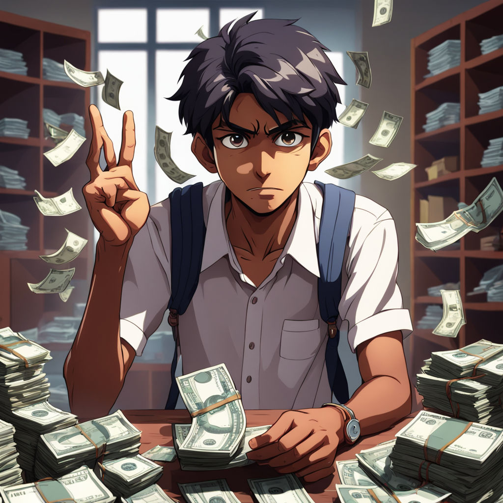 A indian young man countting a lot of money anime by Anurag Bhardwaj ...