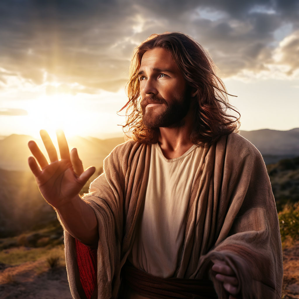 Generate high-quality 4K image of Jesus extending His hand t... by ...
