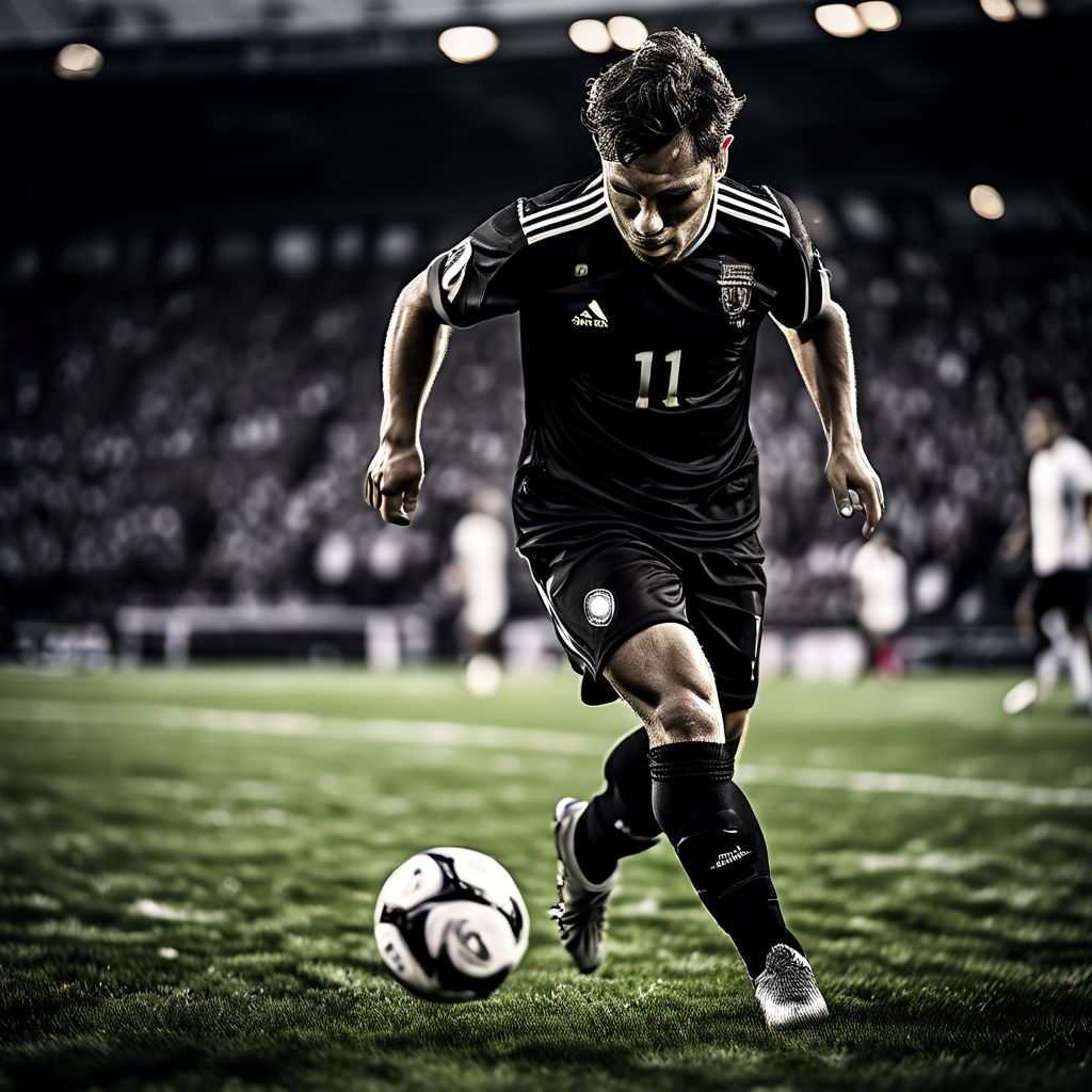 A high-contrast black and white photograph of a midfield soc... by ...