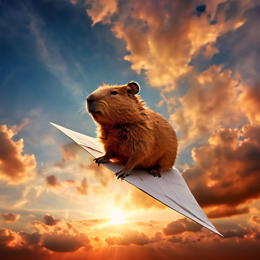 Capybara balancing atop a soaring triangular paper airplane by Антон ...