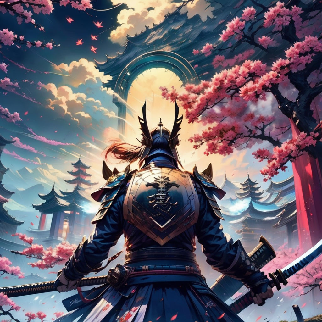 Samurai fantasy fight in sakura field tree steampunk art mas... by zio ...