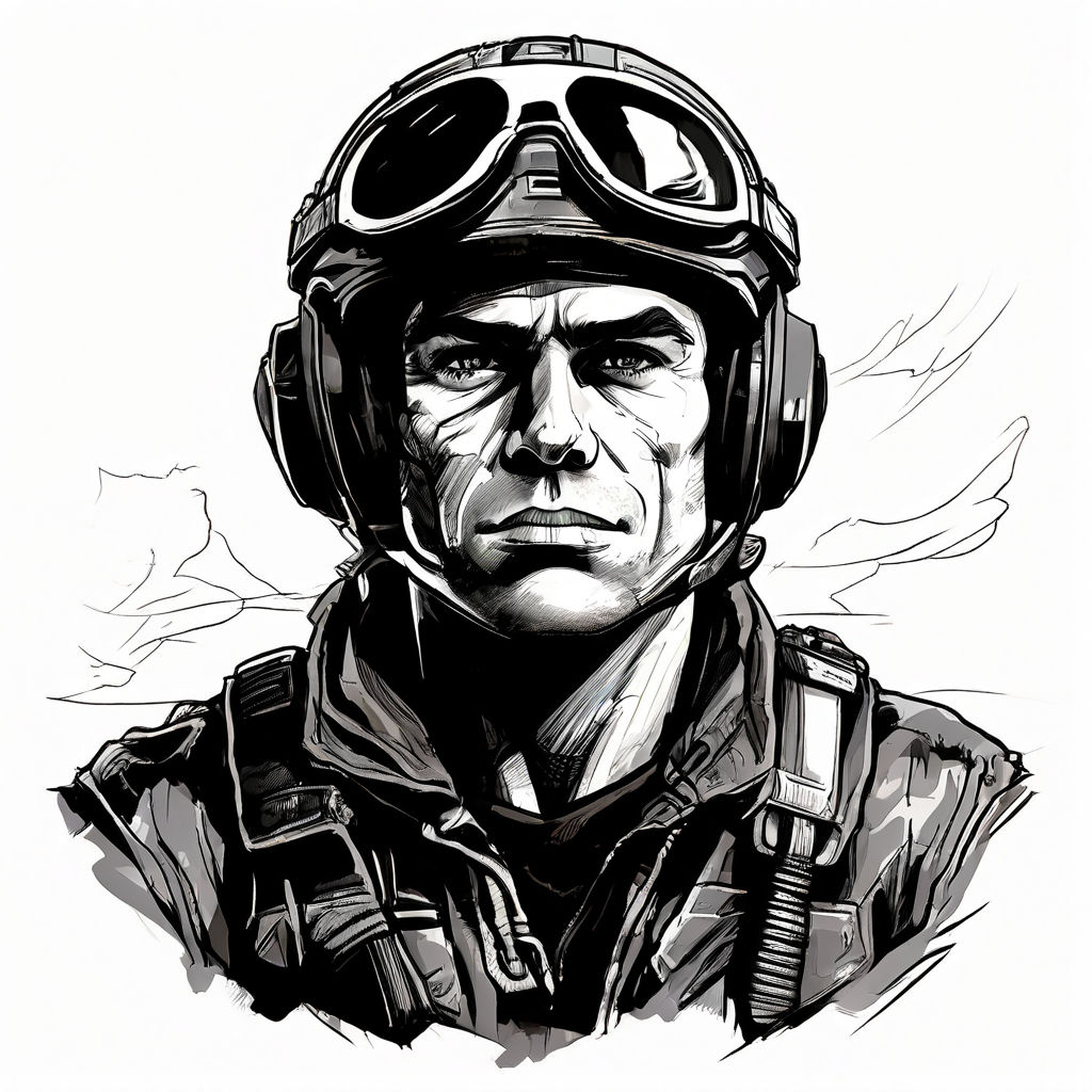 Draw the portrait of a combat pilot in a black and white car... by ...