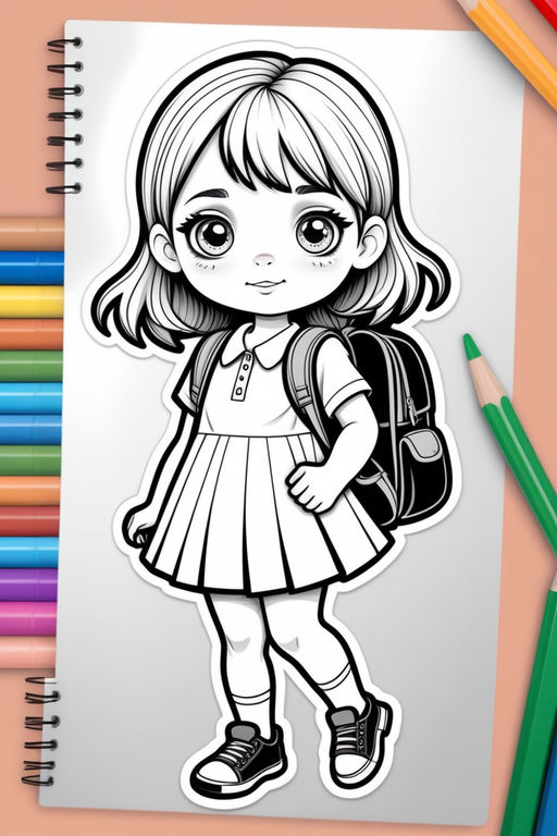 Cute girl pupil with the school bag colouring book page stic... by Анна ...