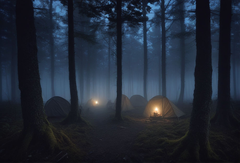 Camp to dark forest at night fog by POP CLICK - Playground