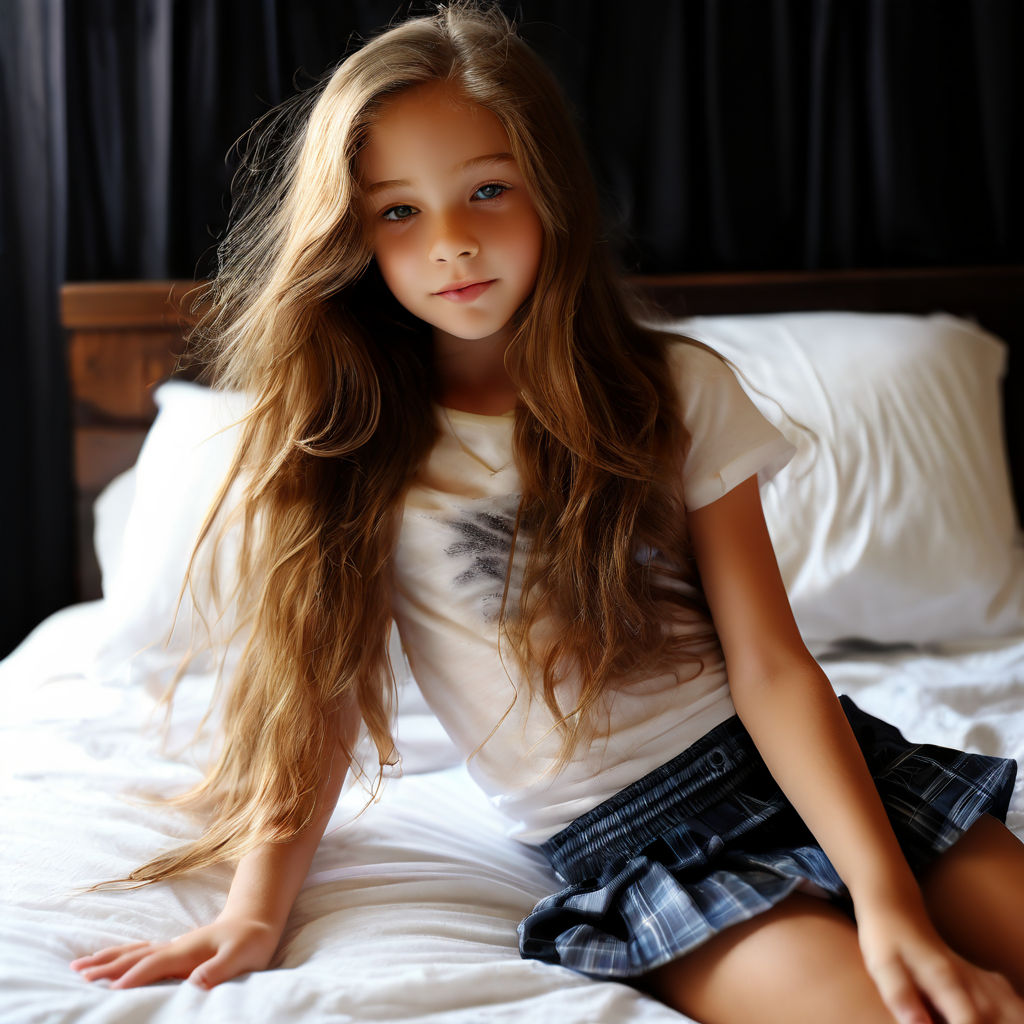 Tween girl long straight hair laying on bed in miniskirt leg... by ...