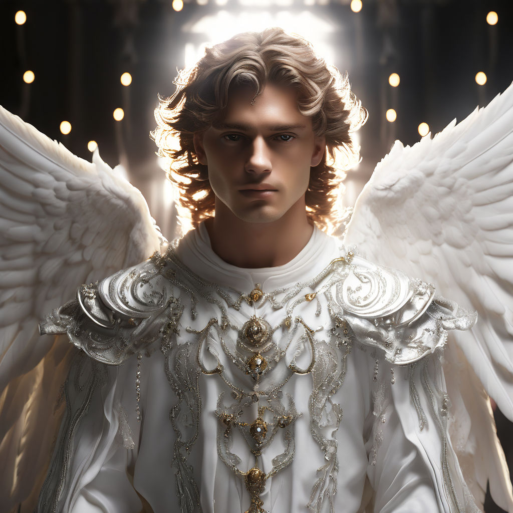 A white male angel dressed in white robes full of jewels wit... by ...