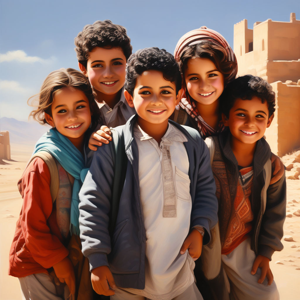 Group of young Arab kids 3 boys and one girl by Yahya Karout - Playground