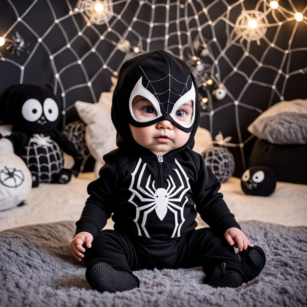Baby Venom in a small black suit with white spider symbols by Koray ...
