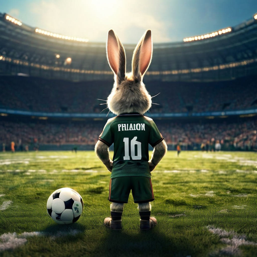 A small rabbit football player stands on the field with a ba... by ...