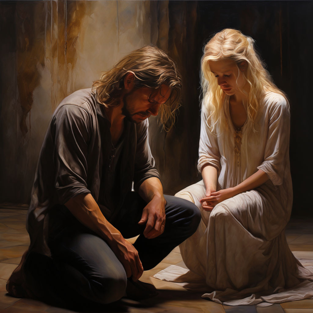 Kneeling man shedding tears in front of a stoic man with flo... by 䰀郝㔣 ...