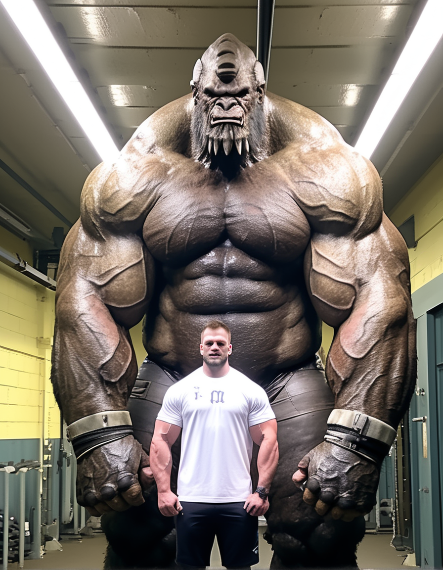 40-foot-tall-man. in locker room with high ceiling. giant v... by Dark ...