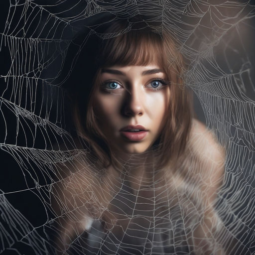 A beautiful full-face girl is hanging on a huge spider web l... by ...