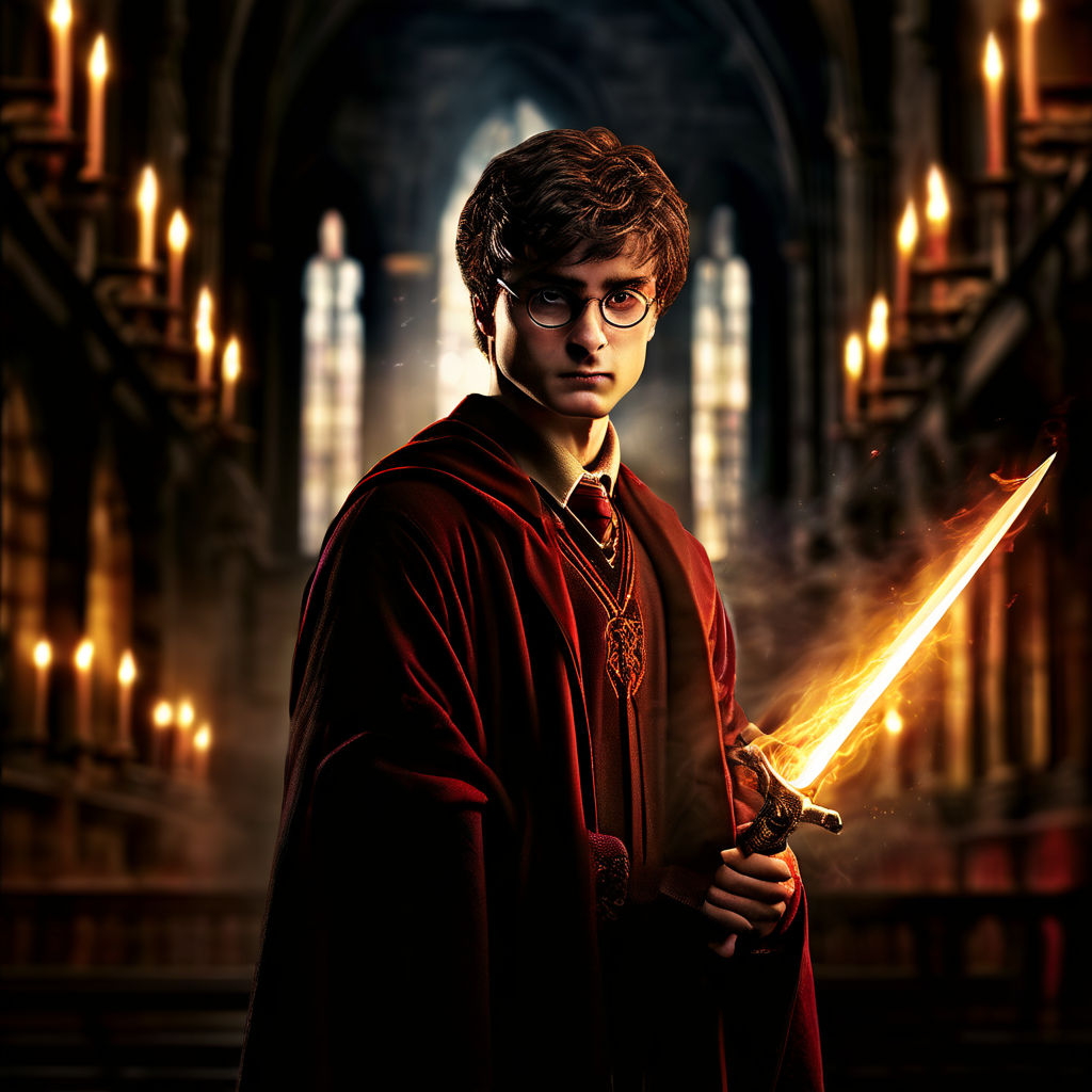 Harry Potter in Gryffindor robes clutching the Sword of Gryf... by ...