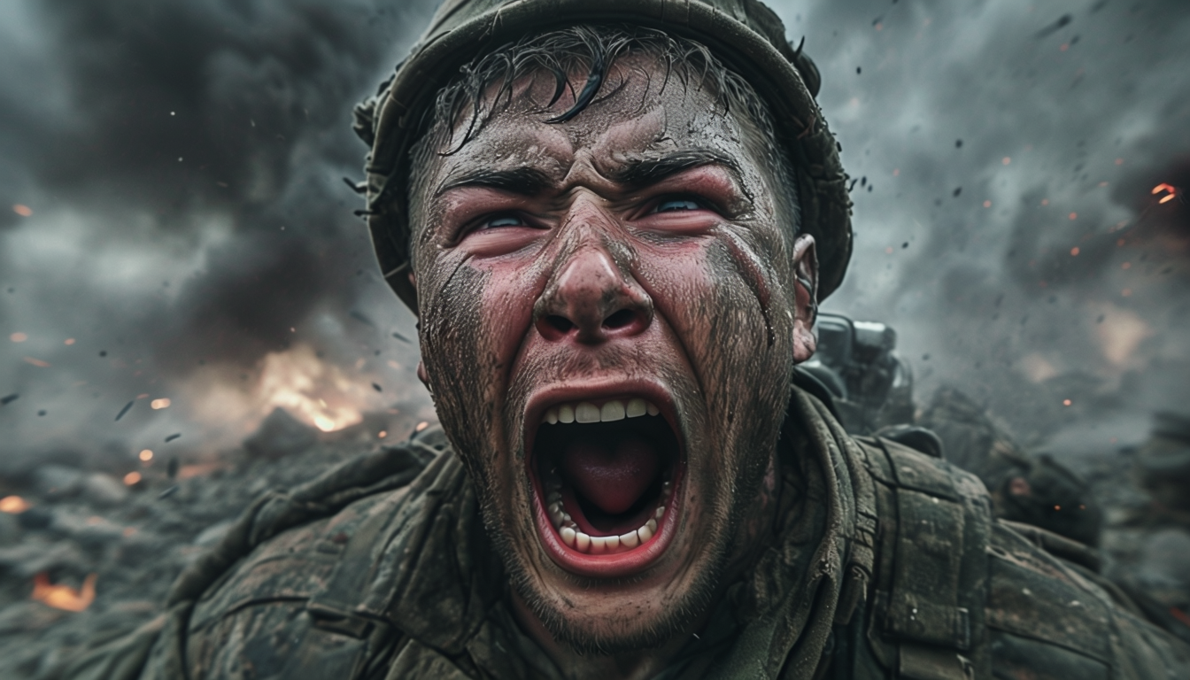 A close-up shot of a soldier’s face in the midst of a battle... by ...