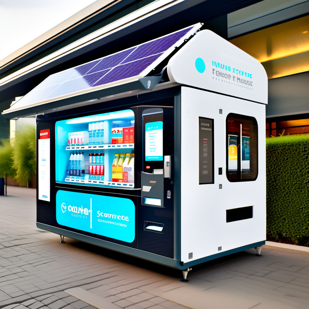 A vending machine with a solar panel on the roof and adverti... by ...