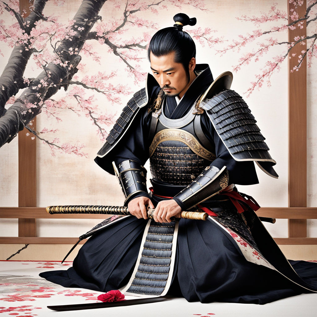 Samurai in full traditional armor kneeling on silk mawashi b... by ...
