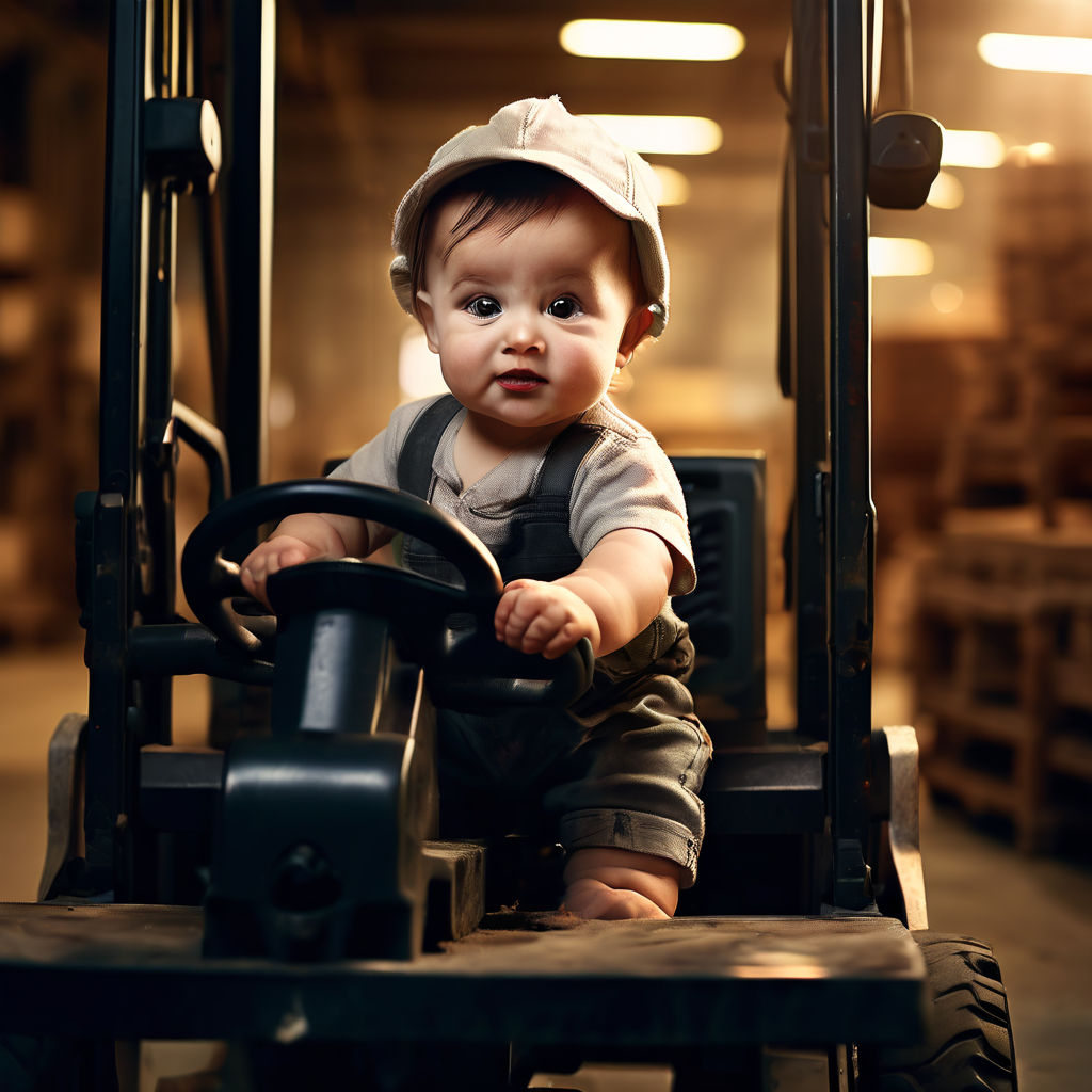 An adorable baby is operating a forklift in the factory with... by ...