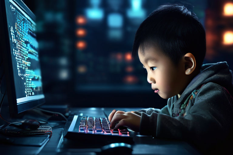 Asian kid using computer. Code appears on screen. Dark backg... by xia ...