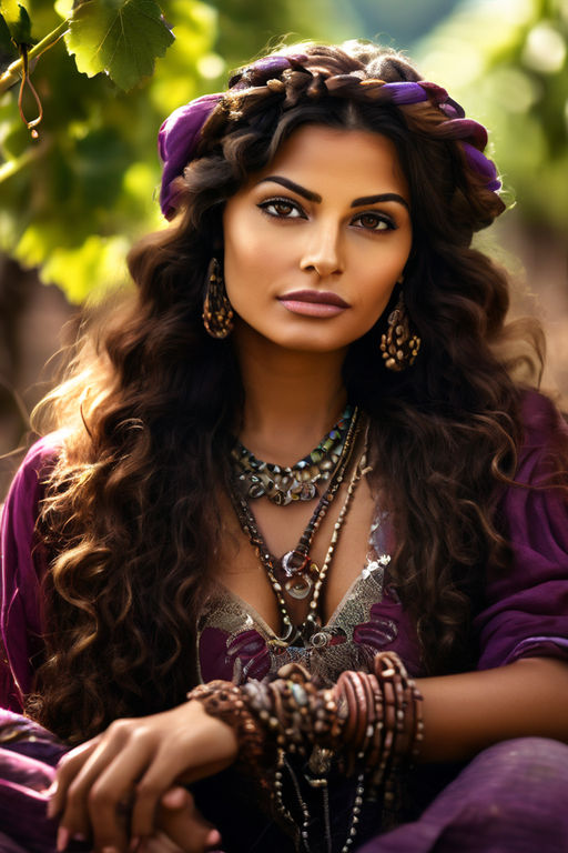 A real photograph of a beautiful gypsy woman sitting in a gr... by ...