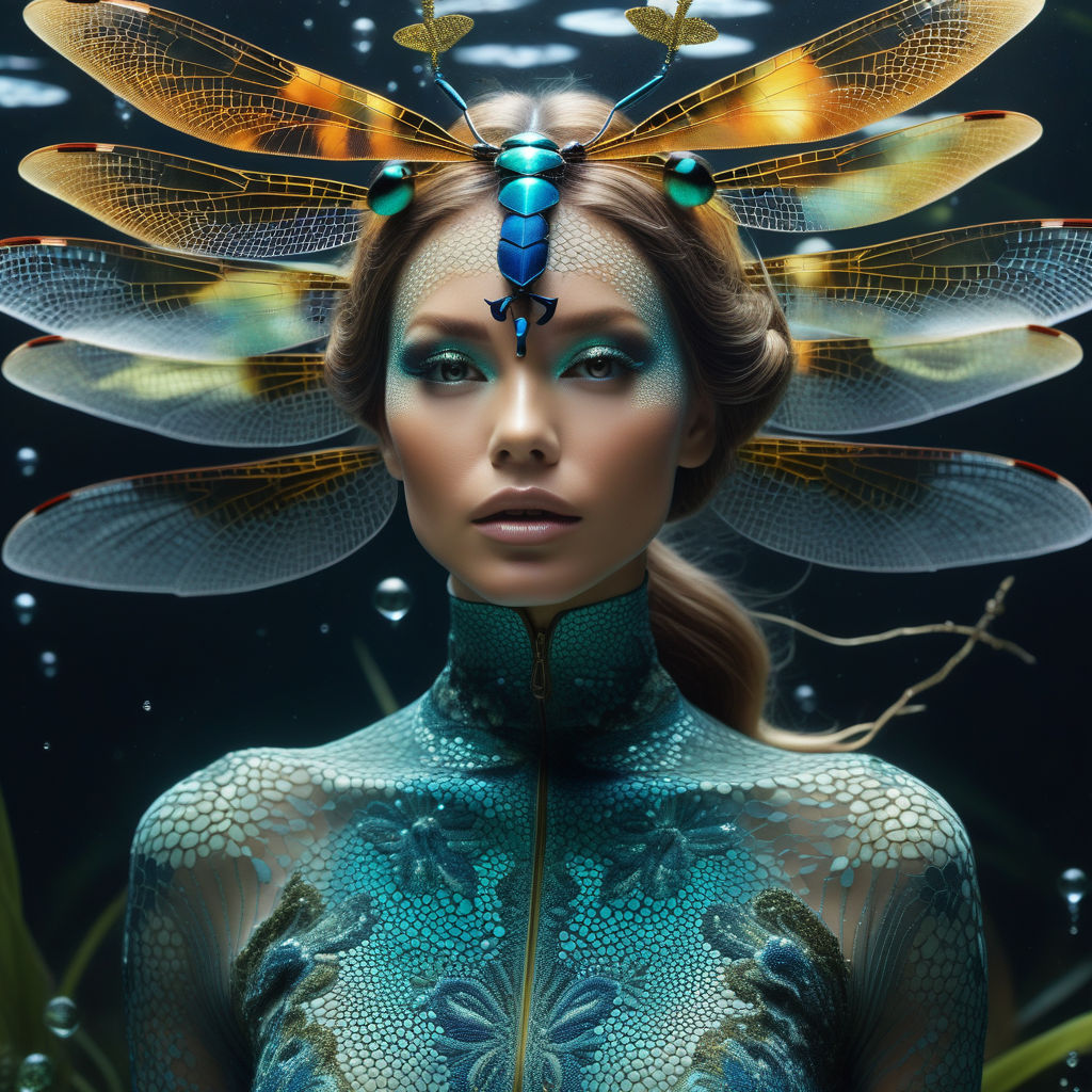 Dragonfly-human hybrid woman in mycelium network in warped p... by ...