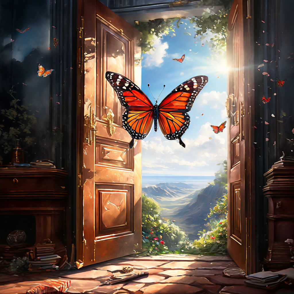 Paint the scene of a butterfly flying out of an open door in... by ...
