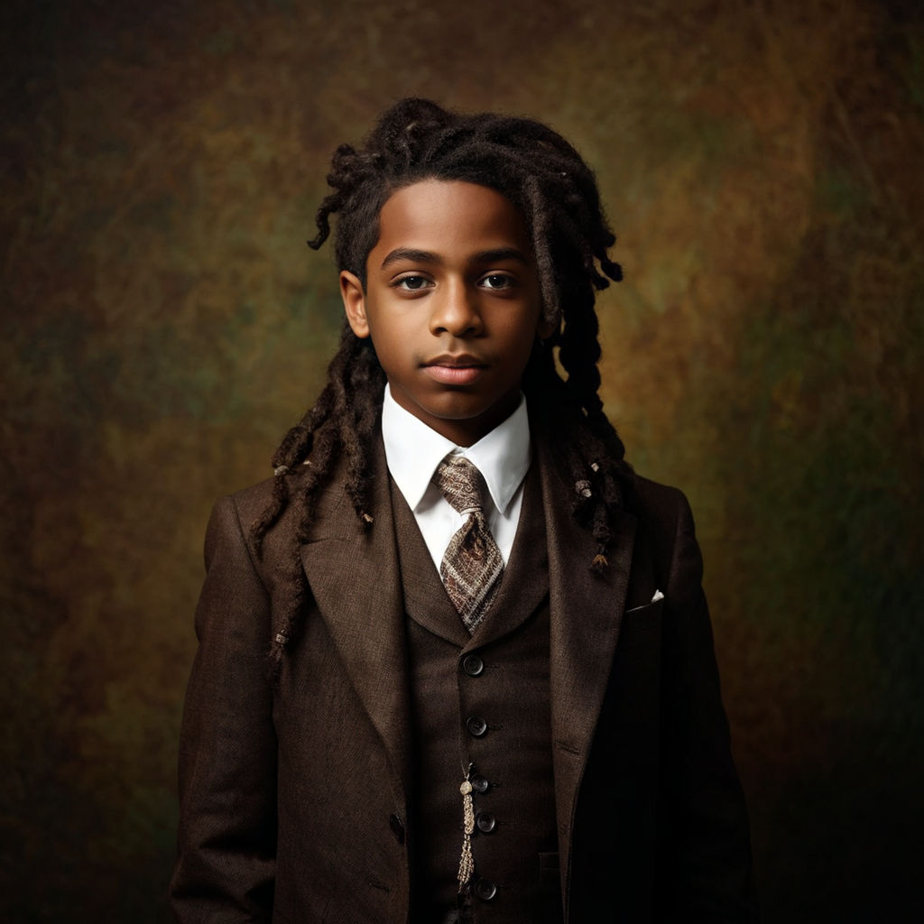 Create a brown boy in the 1912's he has a suit on and has dr... by ...