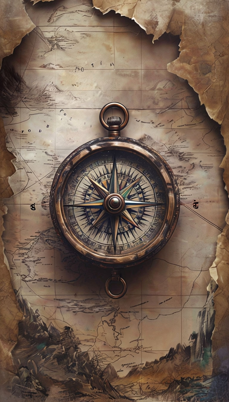 Illustrate a vintage-style compass positioned on top of a pa... by ...