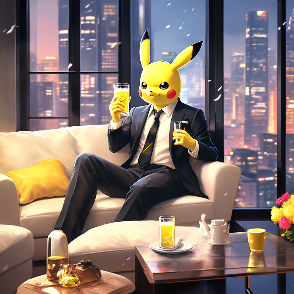 Human like pikachu in a black suit and tie sitting in a high... by ...