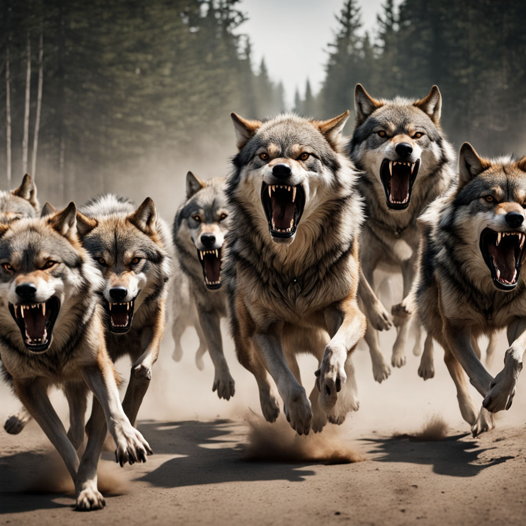 A pack of angry wolves chasing a man by Jared W - Playground
