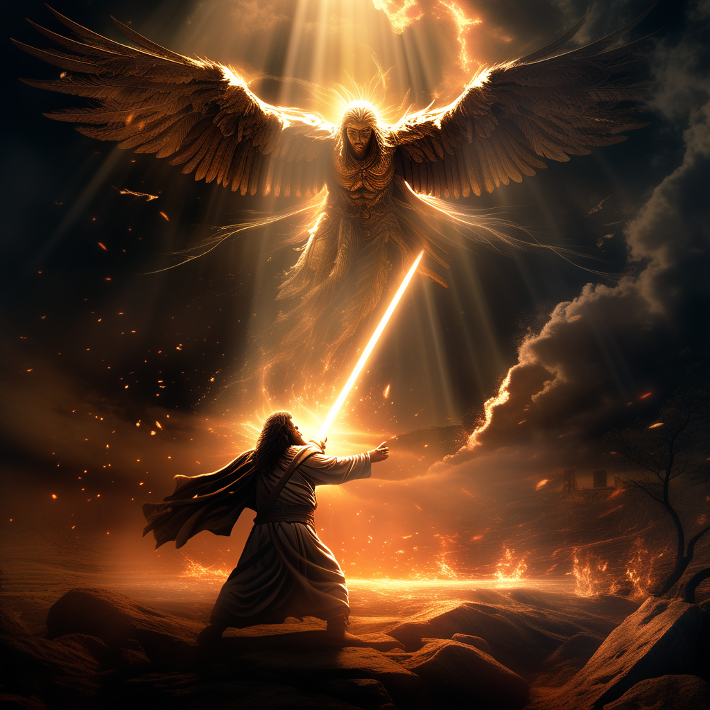 Jesus defeating the angel of death using a ray of light from... by Nate ...