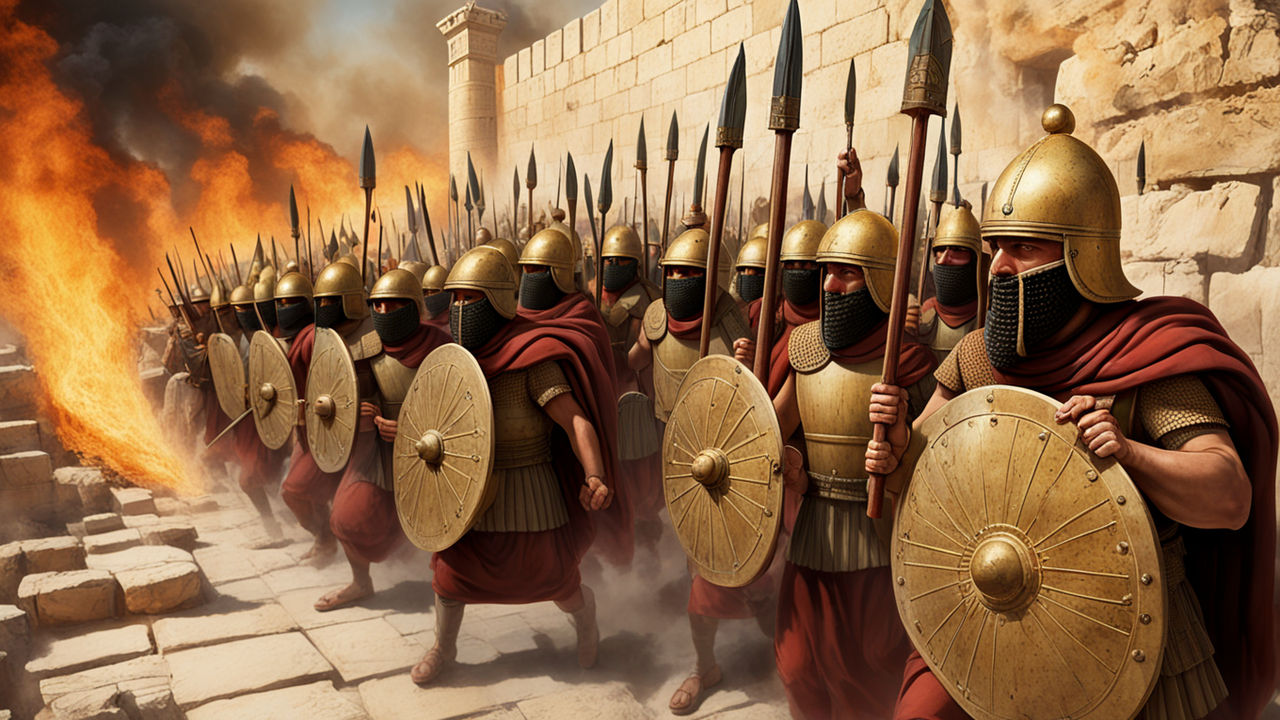 Babylonian soldiers with distinctive helmets and weapons by Ary ...